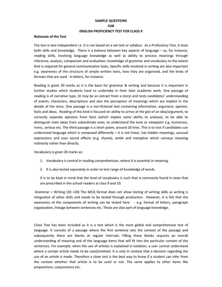 Sample Questions For English Proficiency Test