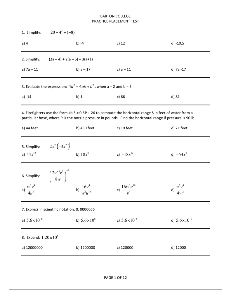 PRACTICE PLACEMENT TEST PRACTICE PLACEMENT TEST