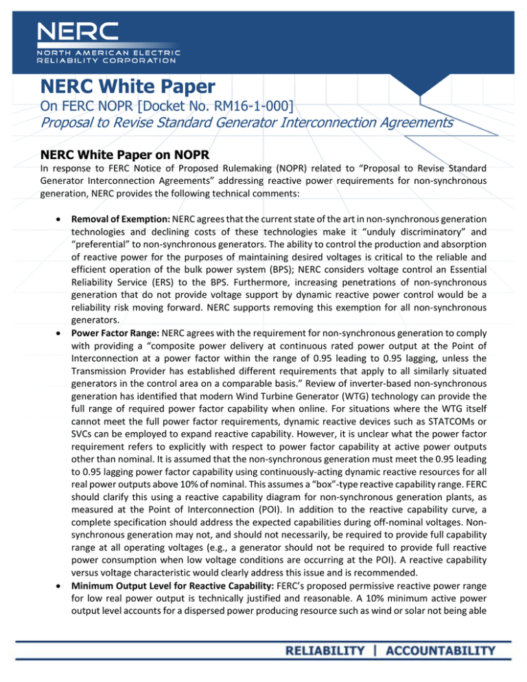 NERC Position on FERC NOPR for Reactive Power Capability