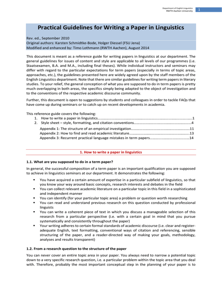 Practical Guidelines For Writing A Paper In Linguistics