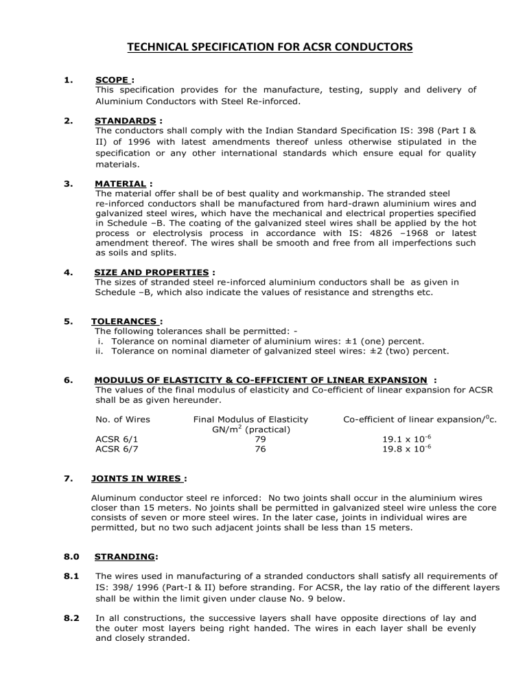 technical specification for acsr conductors