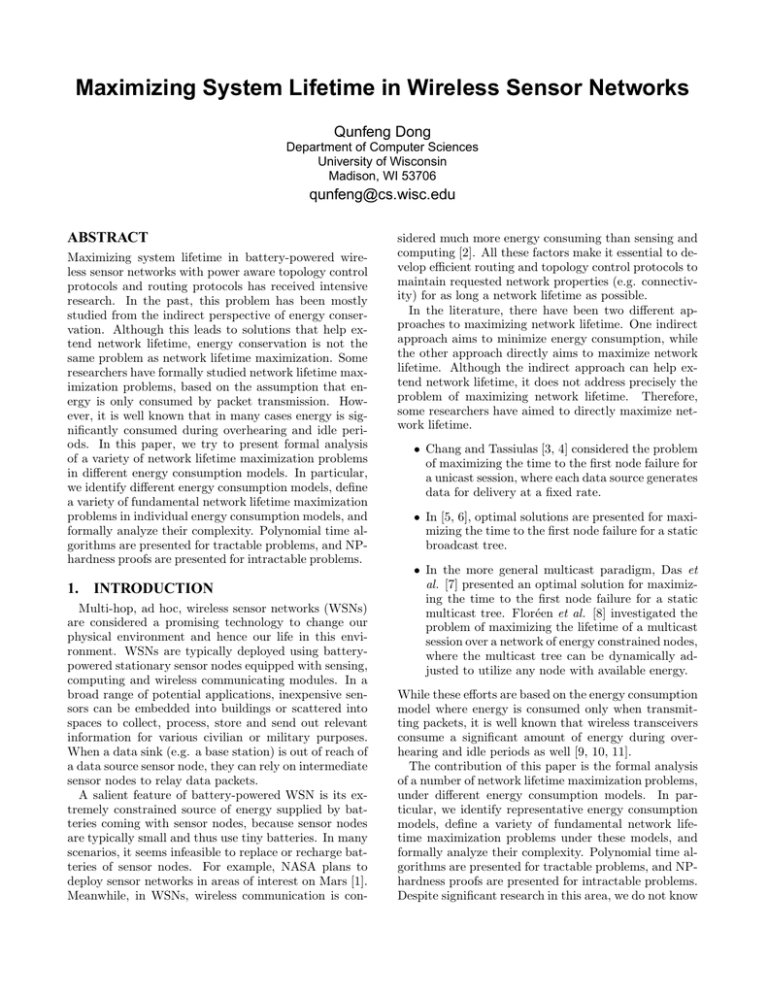 Maximizing System Lifetime In Wireless Sensor Networks