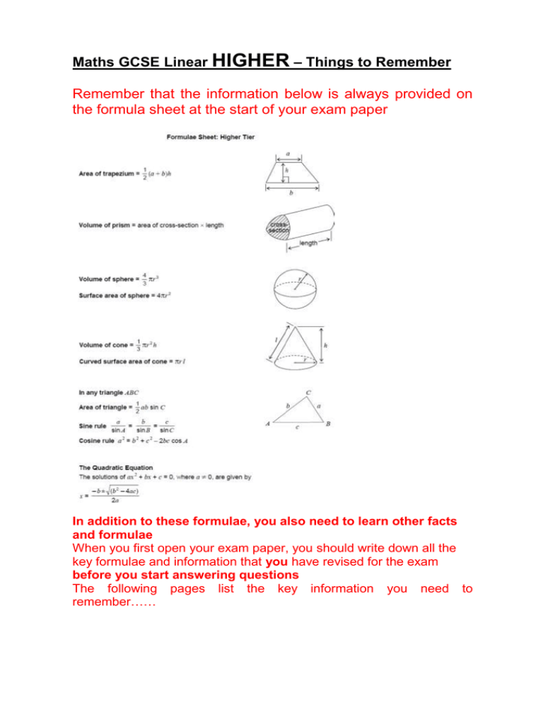 Maths GCSE Unit 1 Foundation Things To Remember