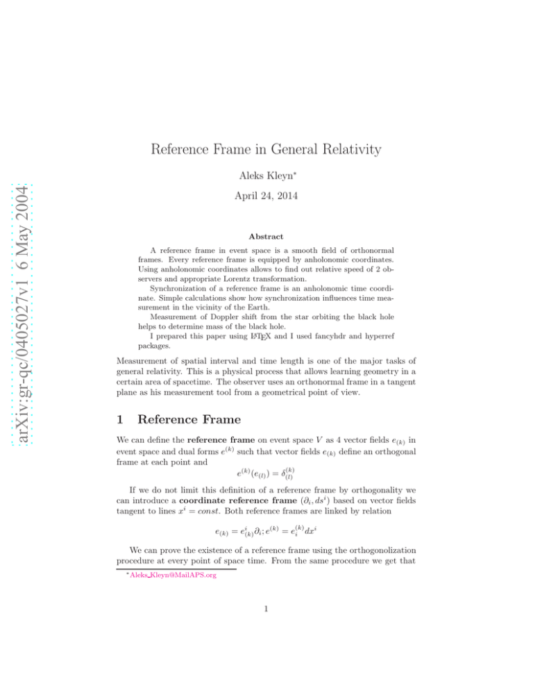 Reference Frame in General Relativity