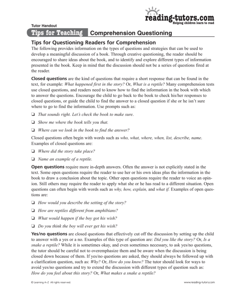Tips for Teaching Comprehension Questioning - Reading