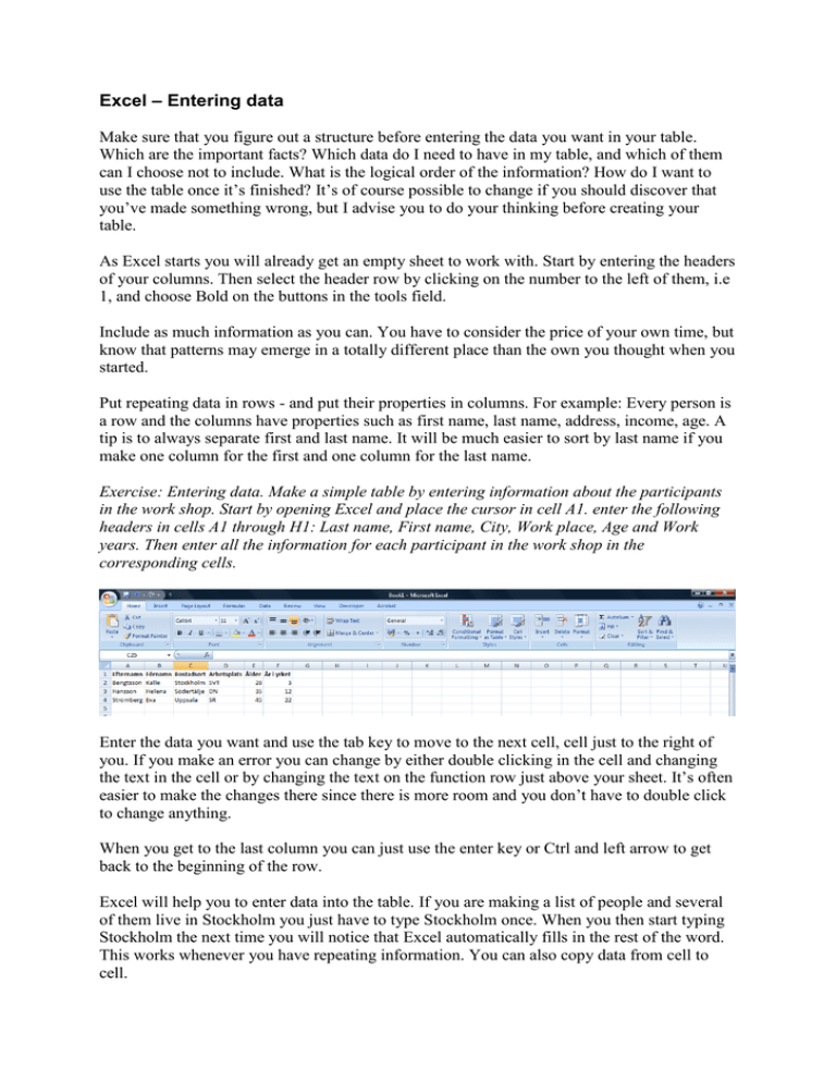 Excel Entering Data