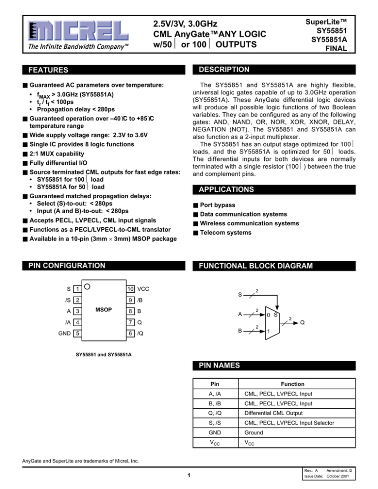2.5V/3V, 3.0GHz CML AnyGate™ANY LOGIC w/50Ω or 100Ω