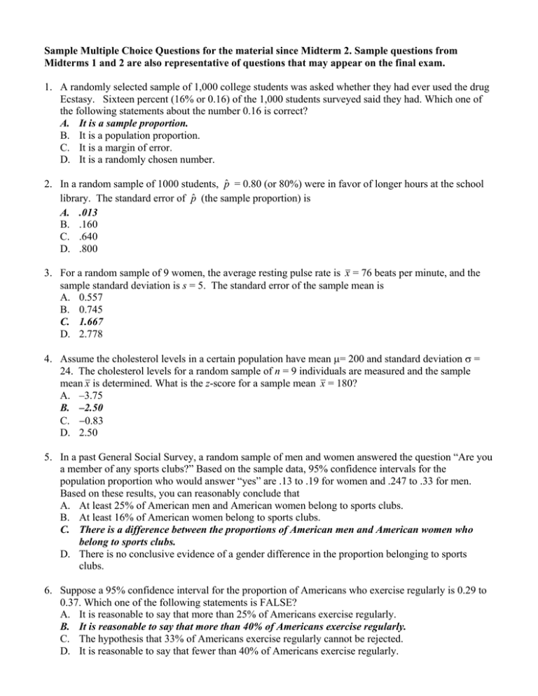 Sample Multiple Choice Questions For The Material Since Midterm 2