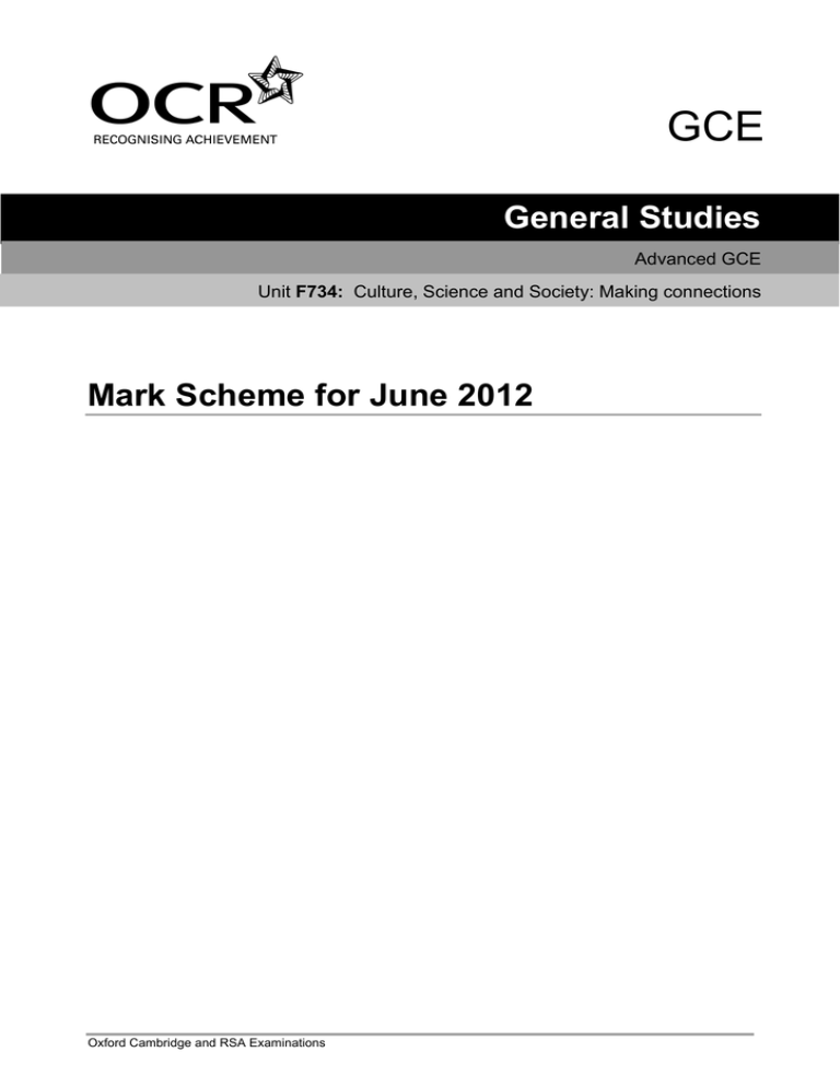 General Studies Mark Scheme For June 2012 General Studies Mark Scheme For June 2012