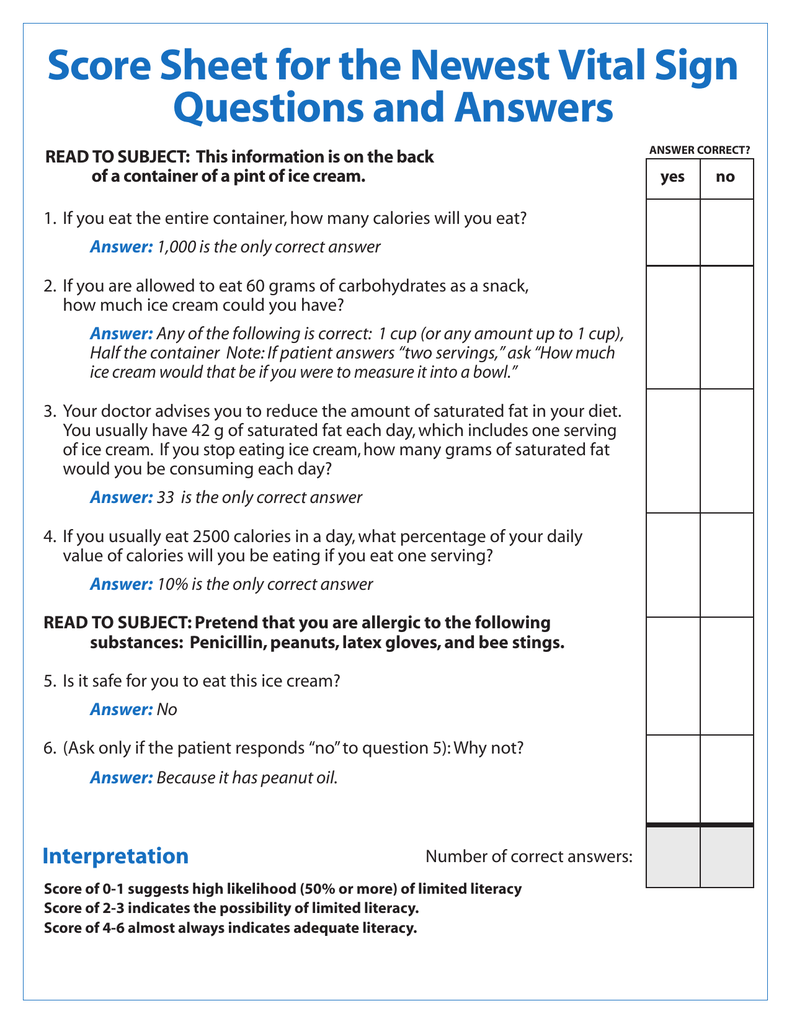 Score Sheet For The Newest Vital Sign Questions And Answers