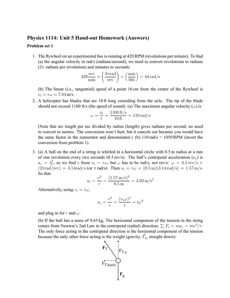 Physics 1114 Unit 5 Hand out Homework Answers 