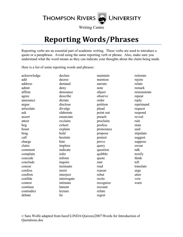 Reporting Words Phrases Reporting Words Phrases