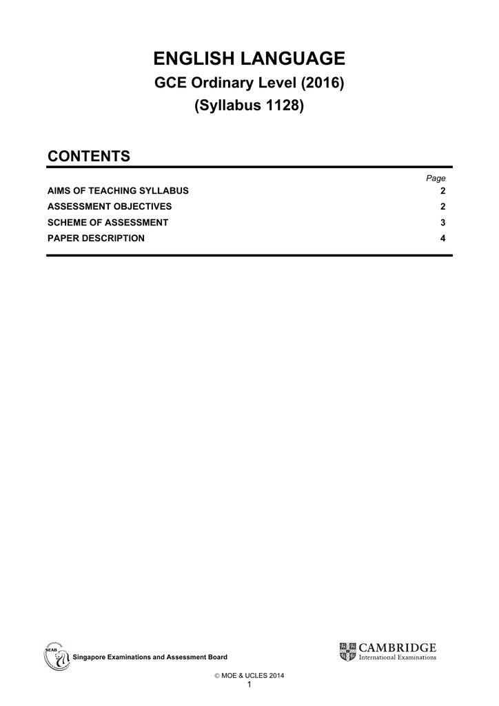 1128 English Language GCE O Level Syllabus For 2016 1128 English Language GCE O Level Syllabus For 2016