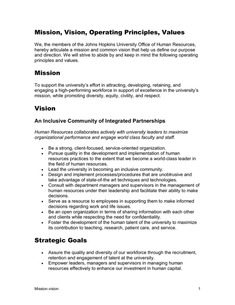 HR Mission Vision Values And Operating Principles