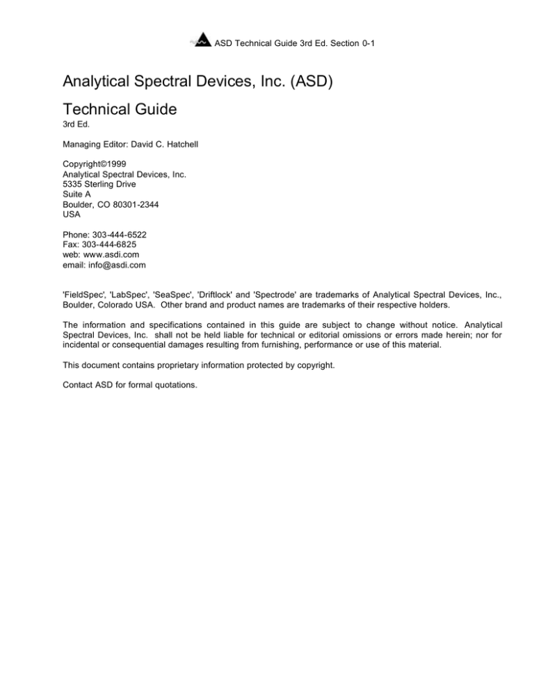 Analytical Spectral Devices Inc ASD Technical Guide Analytical Spectral Devices Inc ASD Technical Guide