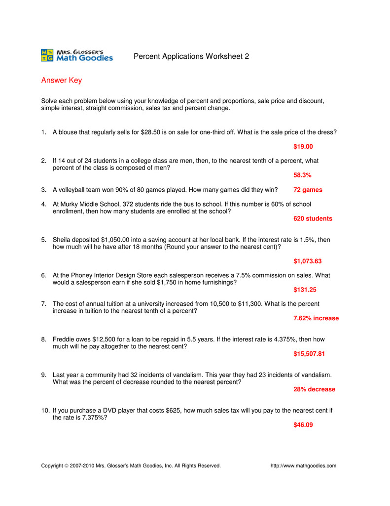 Percent Applications Worksheet 2 Answer Key Percent Applications Worksheet 2 Answer Key