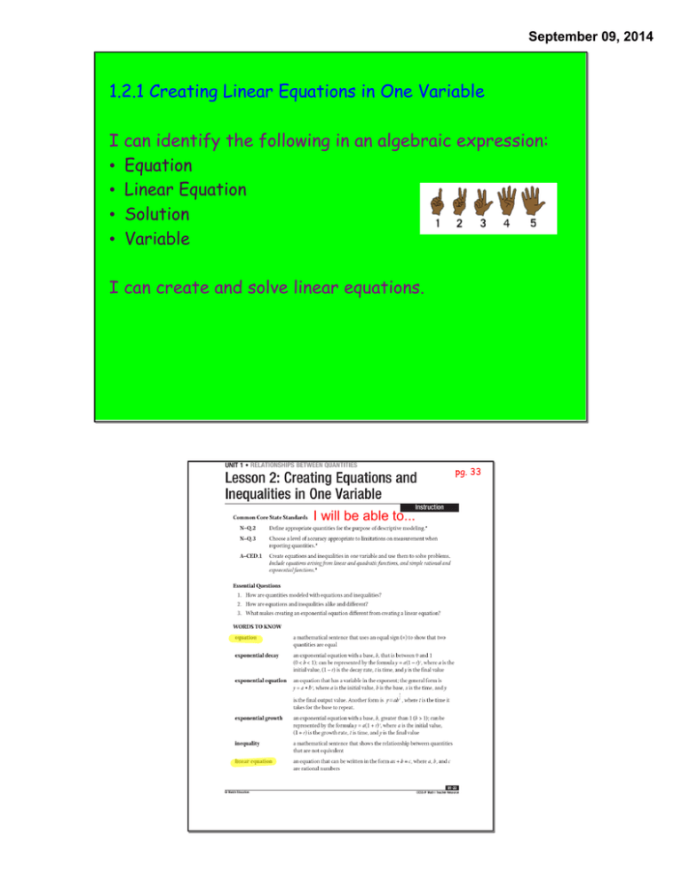 1 2 1 Creating Linear Equations In One Variable I Can Identify The