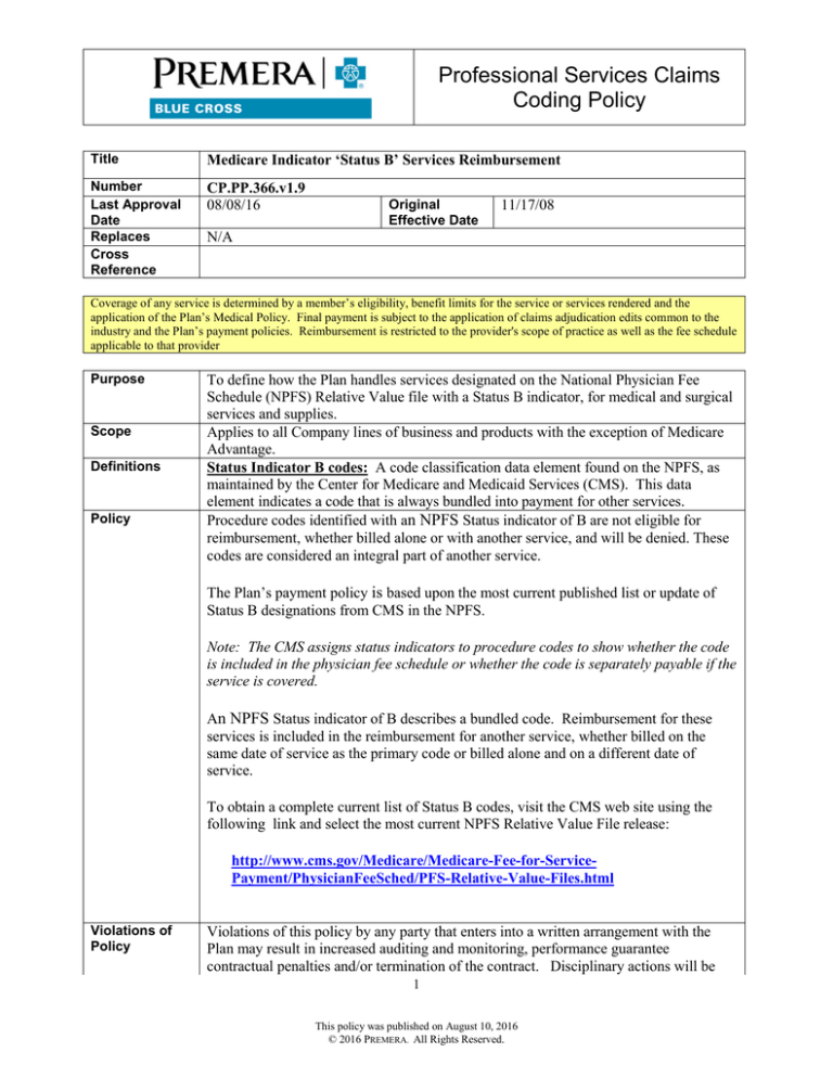 Medicare Indicator Status B Services Medicare Indicator Status B Services