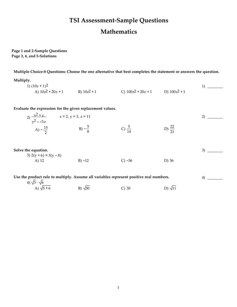 TSI Assessment Sample Questions Mathematics