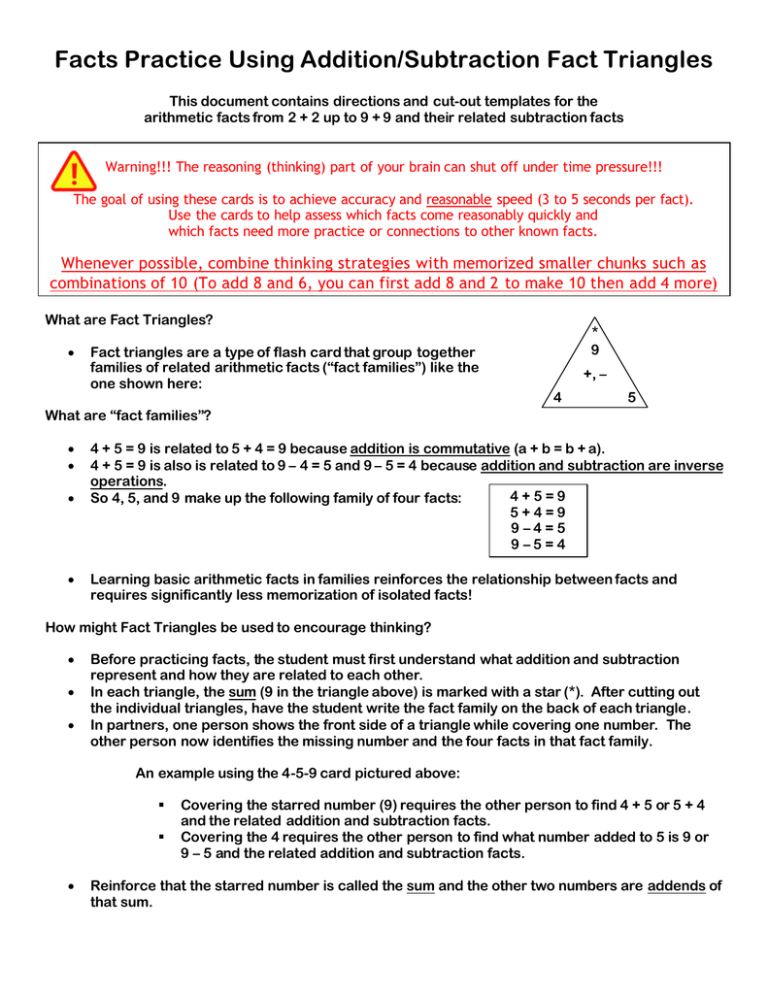 Addition Subtraction Fact Triangles Addition Subtraction Fact Triangles