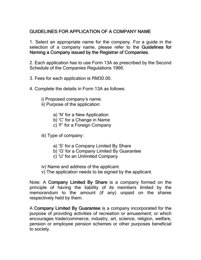 Guidelines For Application For A Company Name Guidelines For Application For A Company Name