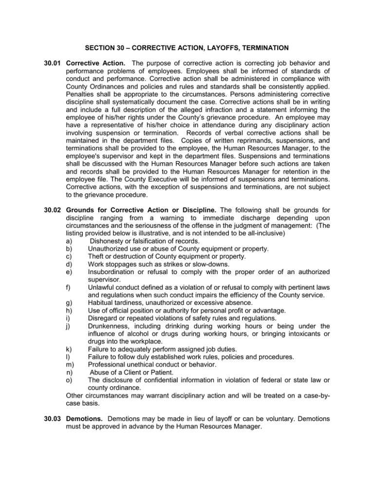 SECTION 30 CORRECTIVE ACTION LAYOFFS TERMINATION