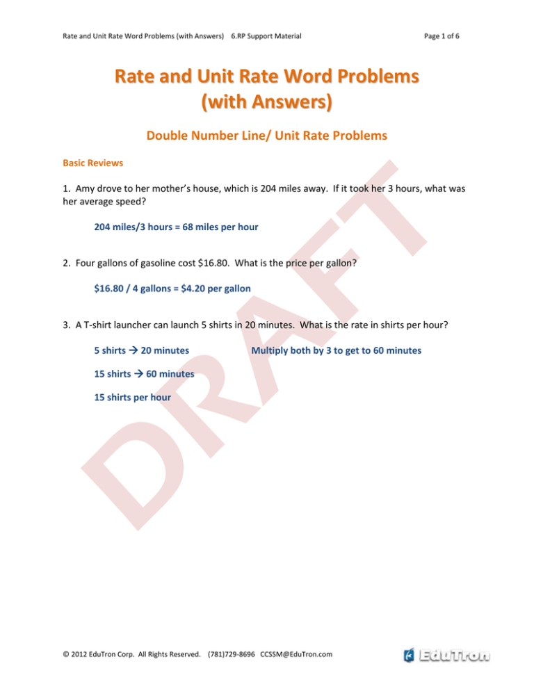 Rate And Unit Rate Word Problems with Answers Rate And Unit Rate Word Problems with Answers