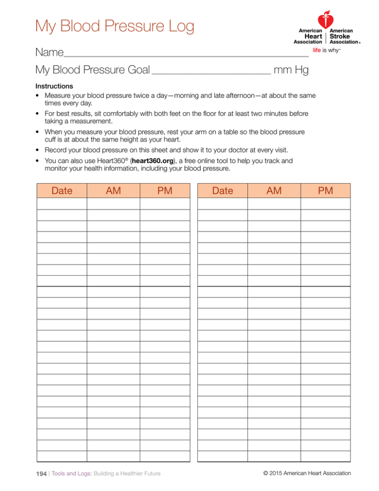 My Blood Pressure Log American Heart Association