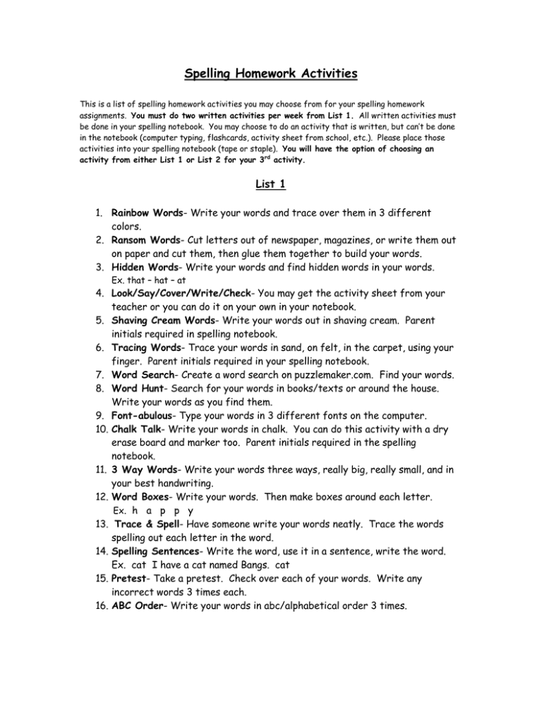 Spelling Homework Activities Spelling Homework Activities