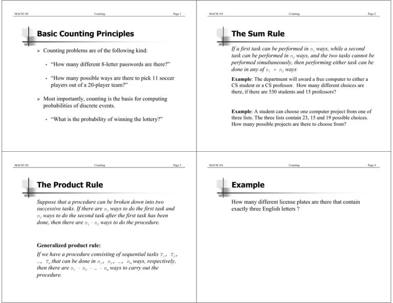 Basic Counting Principles The Sum Rule The Product Rule Example