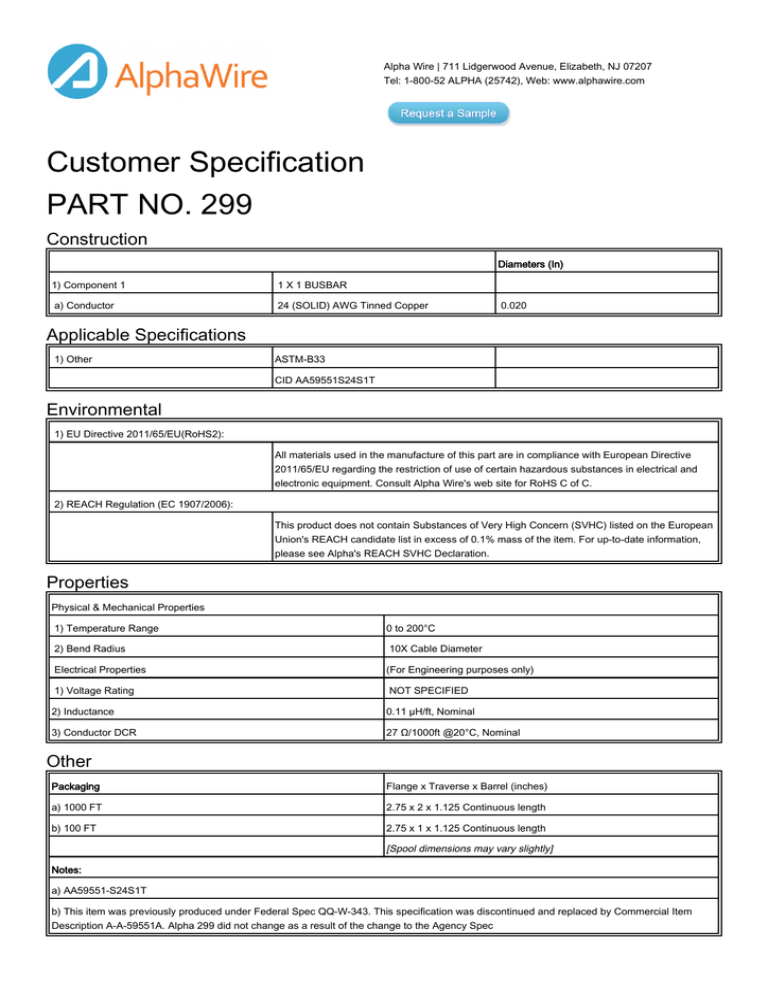 Customer Specification PART NO. 299