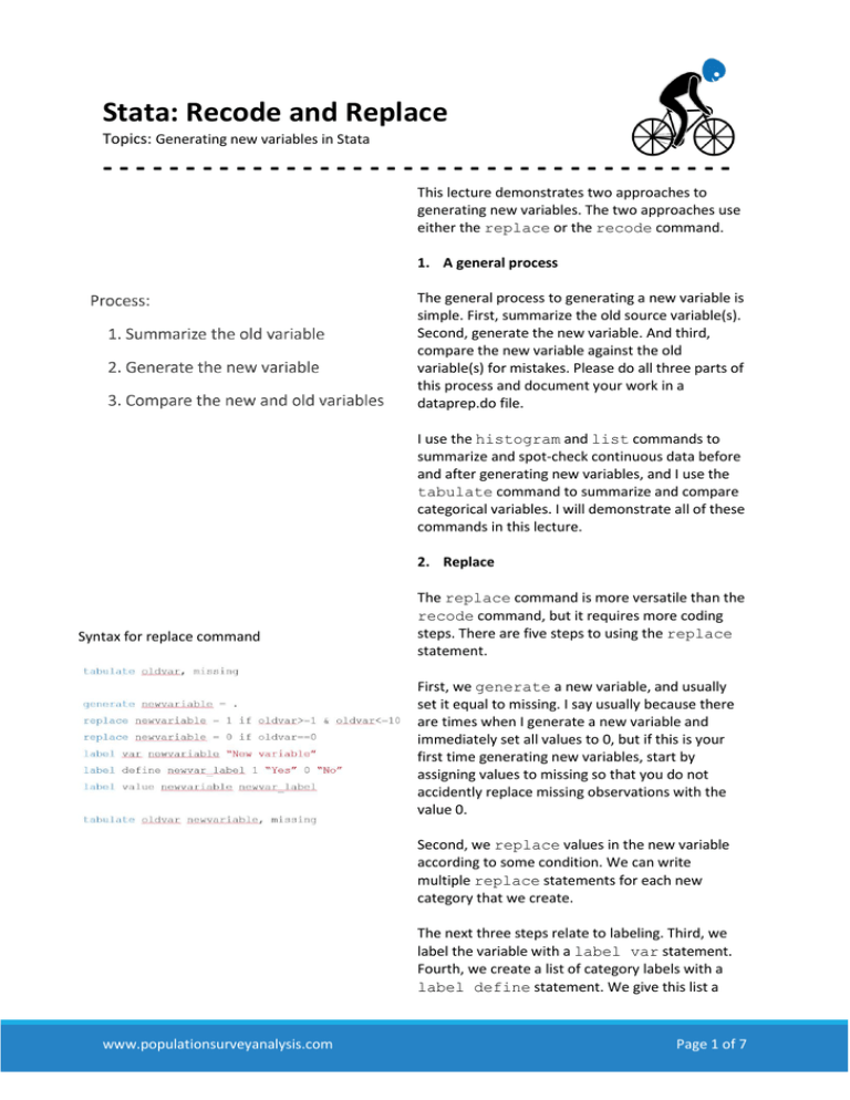 Stata Recode And Replace Population Survey Analysis