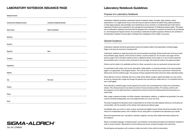 Laboratory Notebook A4 Size Sigma Laboratory Notebook A4 Size Sigma