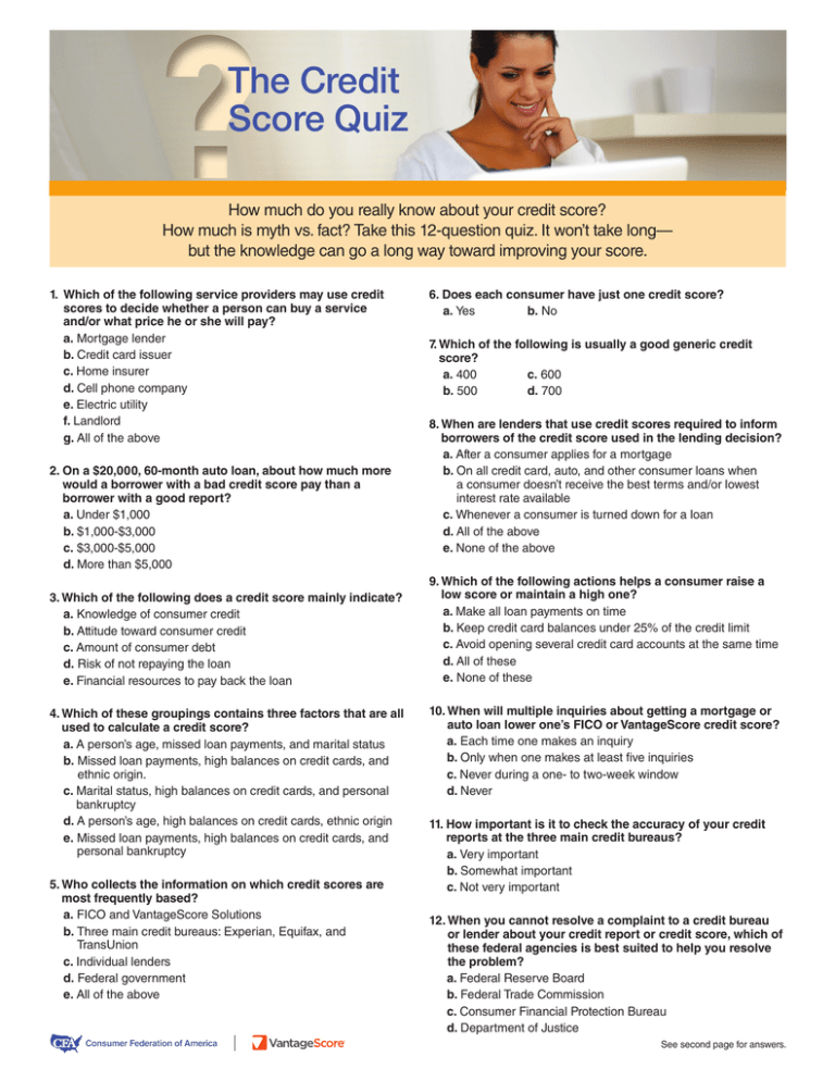 Answer Key Credit Score Quiz Answer Key Credit Score Quiz
