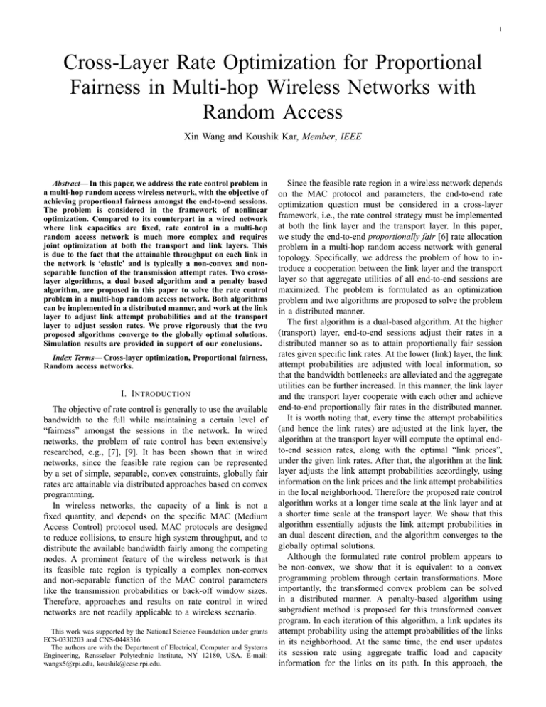 Cross Layer Rate Optimization For Proportional Fairness Cross Layer Rate Optimization For Proportional Fairness