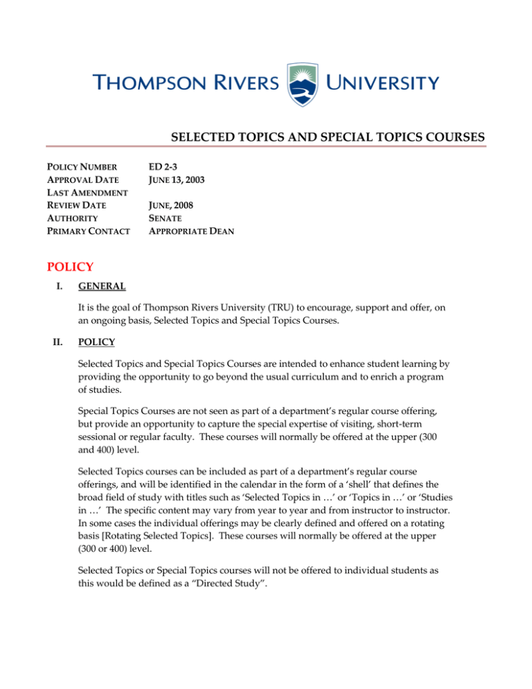 Selected Topics And Special Topics Courses