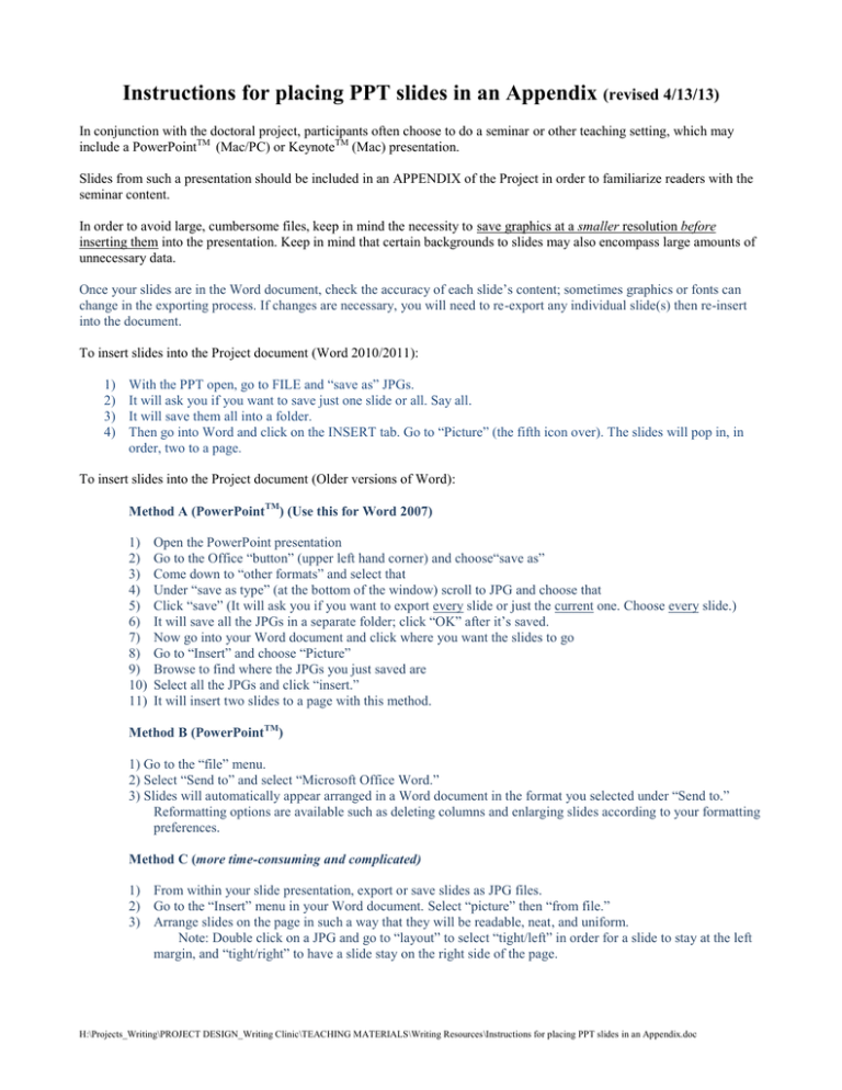 Instructions For Placing PPT Slides In An Appendix