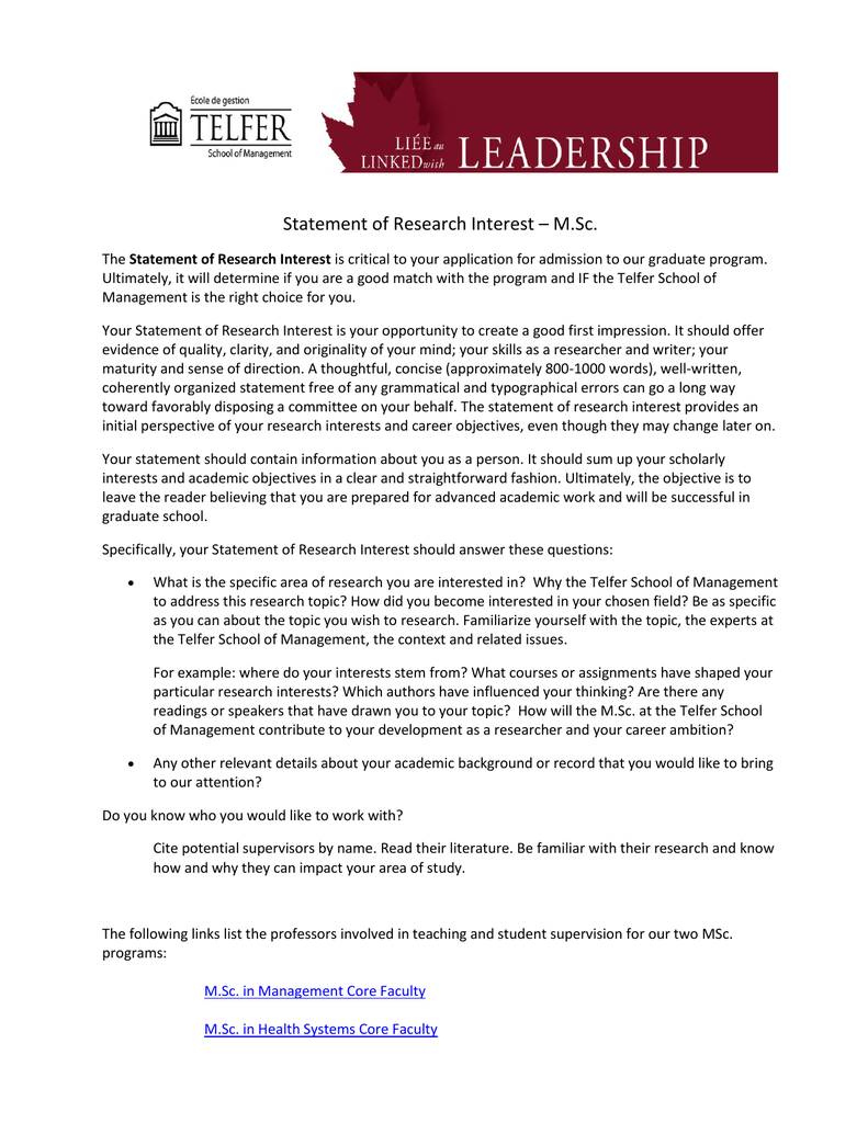 Statement Of Research Interest M Sc 