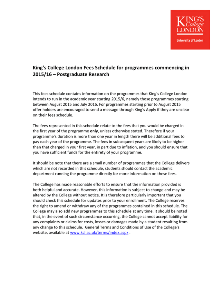 King s College London Fees Schedule For Programmes Commencing King s College London Fees Schedule For Programmes Commencing