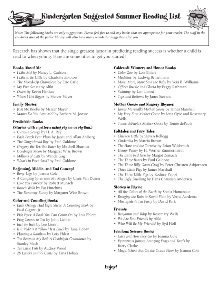 Kindergarten Suggested Summer Reading List Kindergarten Suggested Summer Reading List