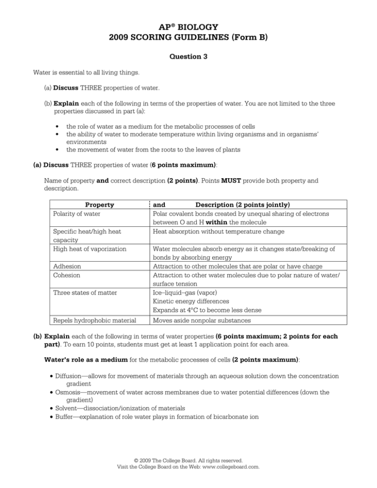 AP BIOLOGY 2009 SCORING GUIDELINES Form B AP BIOLOGY 2009 SCORING GUIDELINES Form B