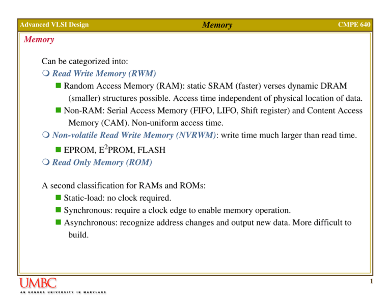 Memory Memory Can Be Categorized Into Read Write Memory