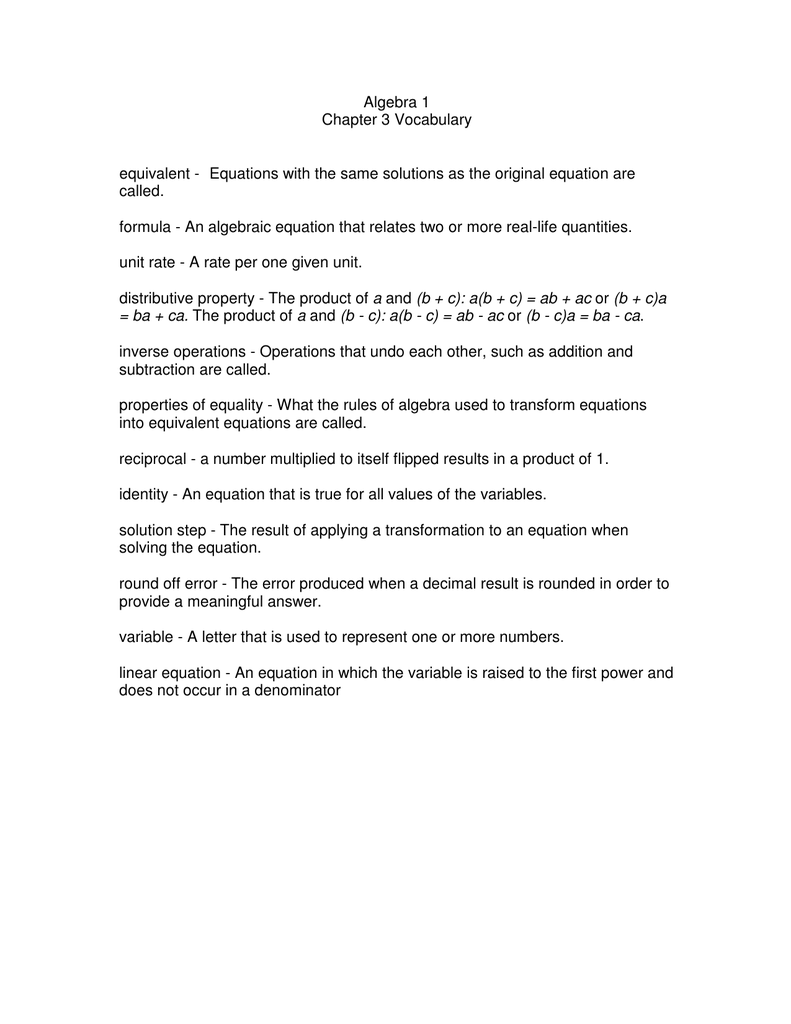 Algebra 1 Chapter 3 Vocabulary Equivalent