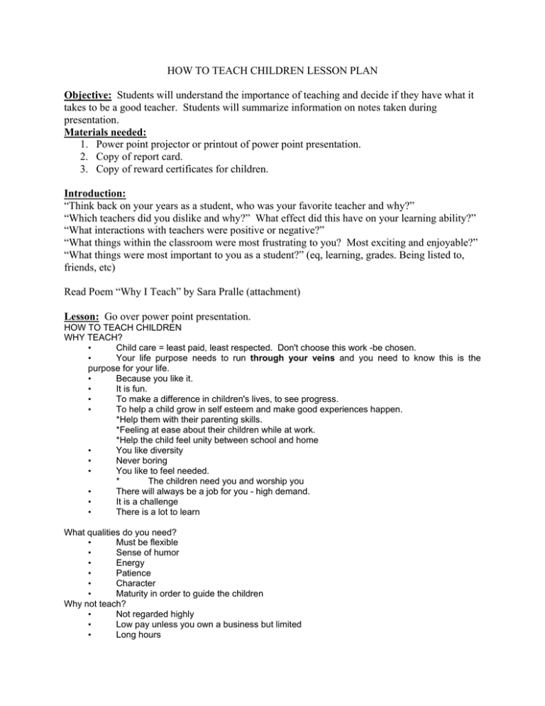 HOW TO TEACH CHILDREN LESSON PLAN Objective Students