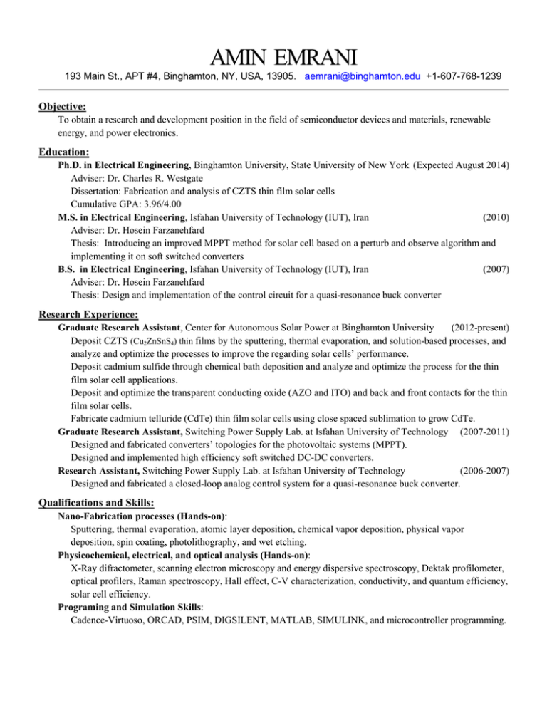 Resume Of Emrani Amin Binghamton University