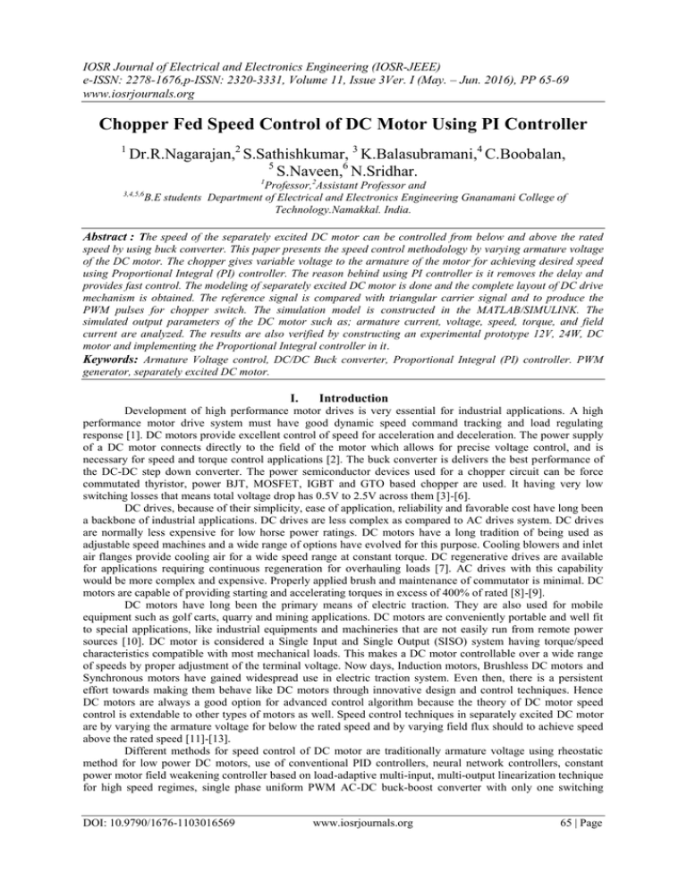 Chopper Fed Speed Control of DC Motor Using PI Controller