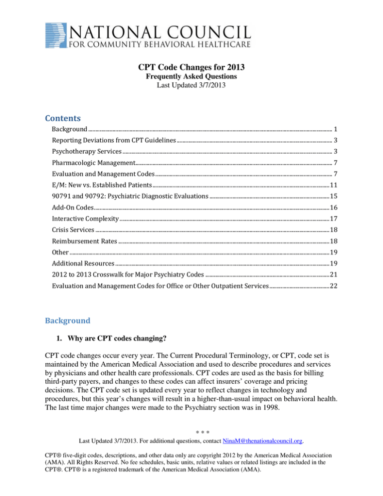 CPT Code Changes For 2013 Contents