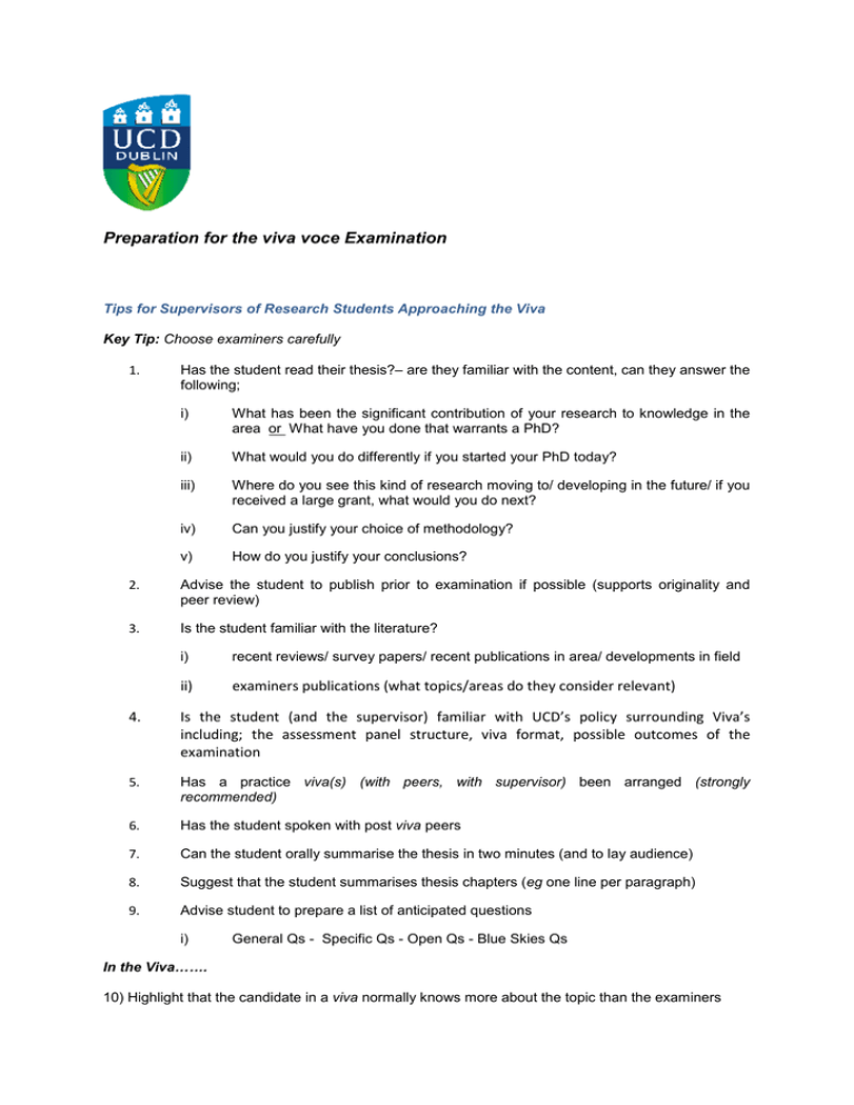 Preparation For The Viva Voce Examination Preparation For The Viva Voce Examination