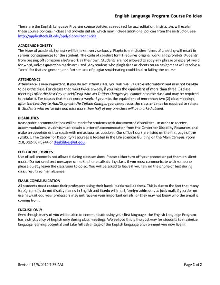 English Language Program Course Policies