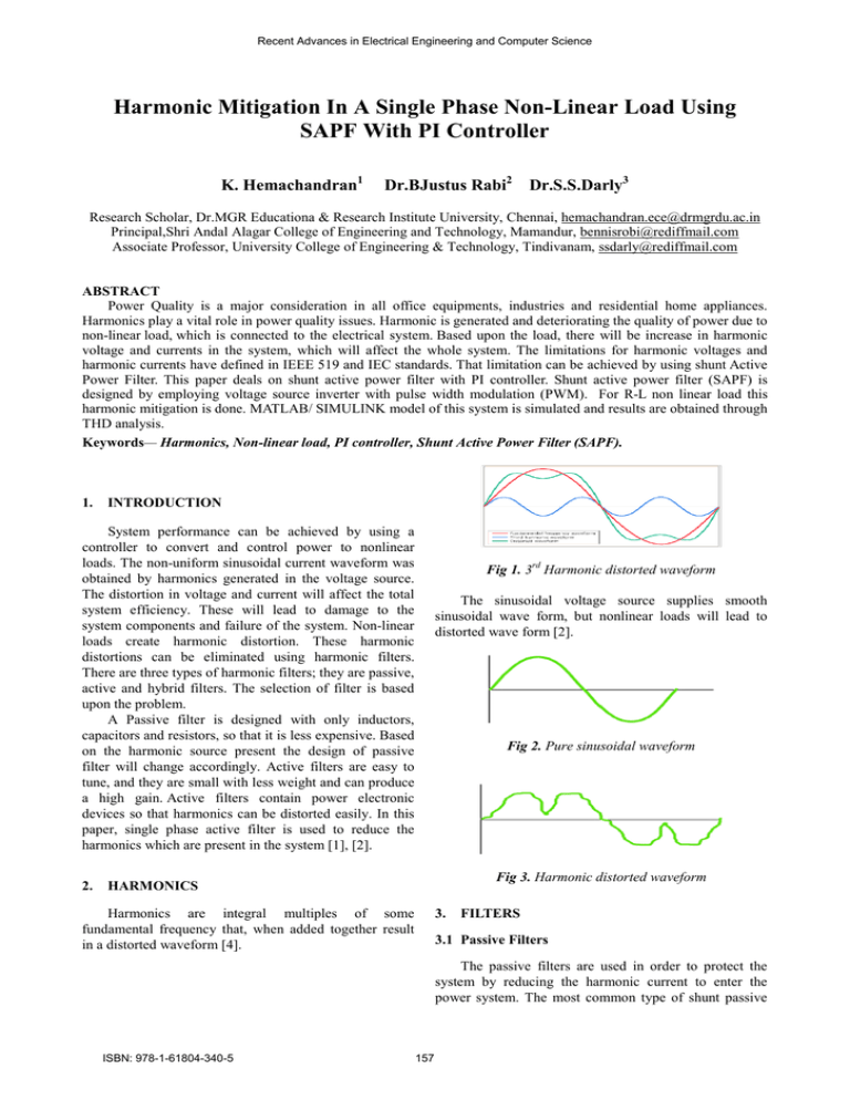 Harmonic Mitigation In A Single Phase Non Linear Load